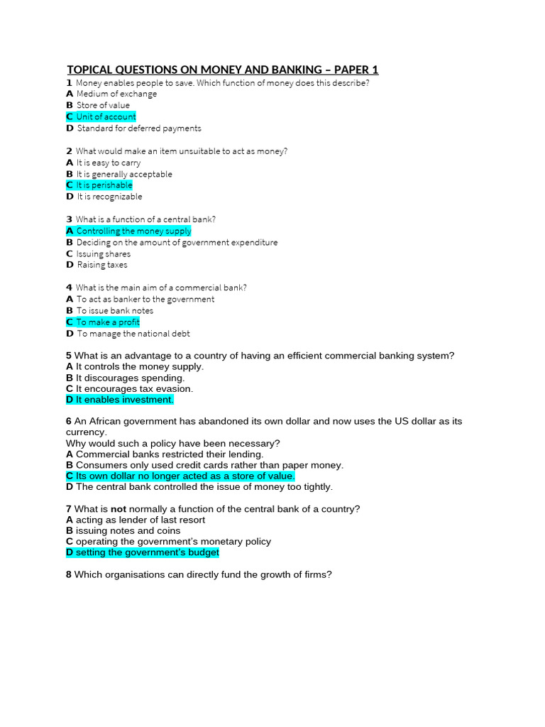 Topical Questions on Money and Banking - Paper 1 | PDF | Money | Banks