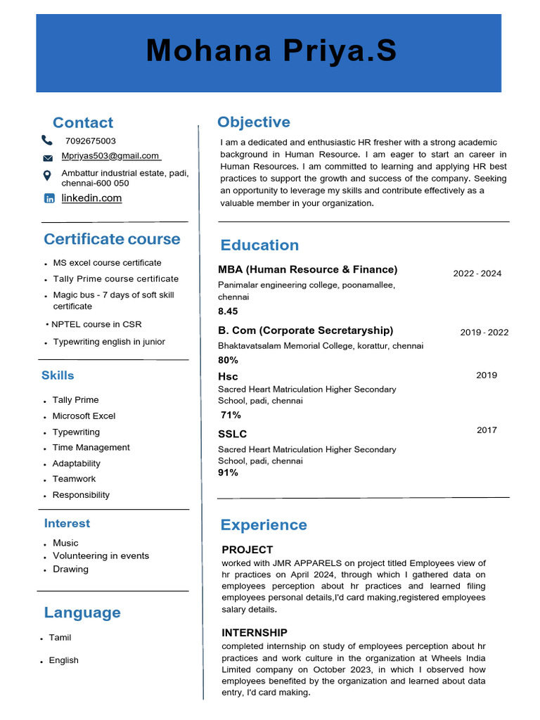 Mohana Priya.s - Resume | PDF | Business | Educational Stages
