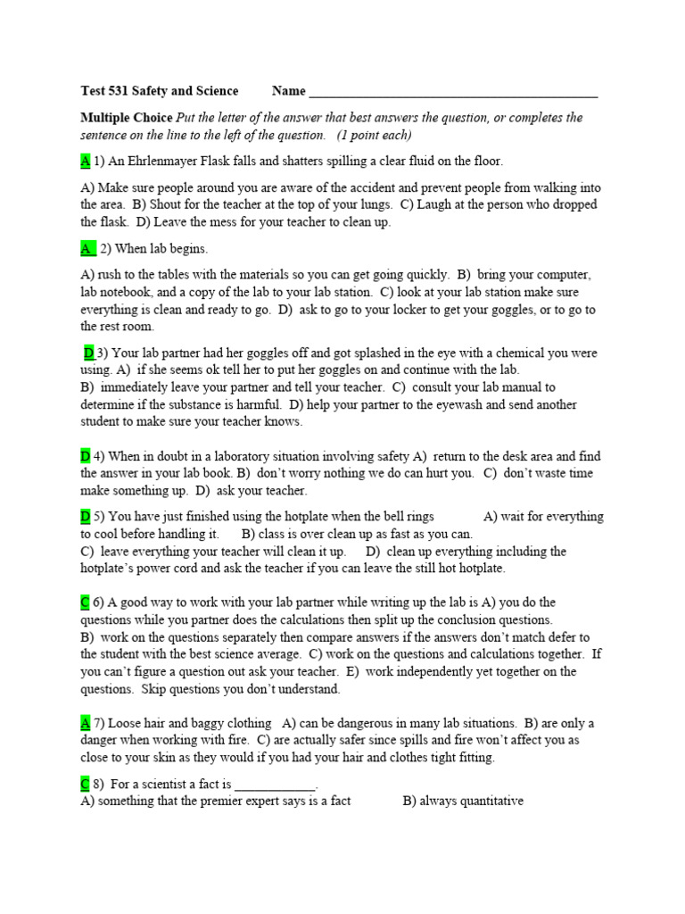 Lab Safety and Scientific Method Quiz | PDF | Experiment | Gases