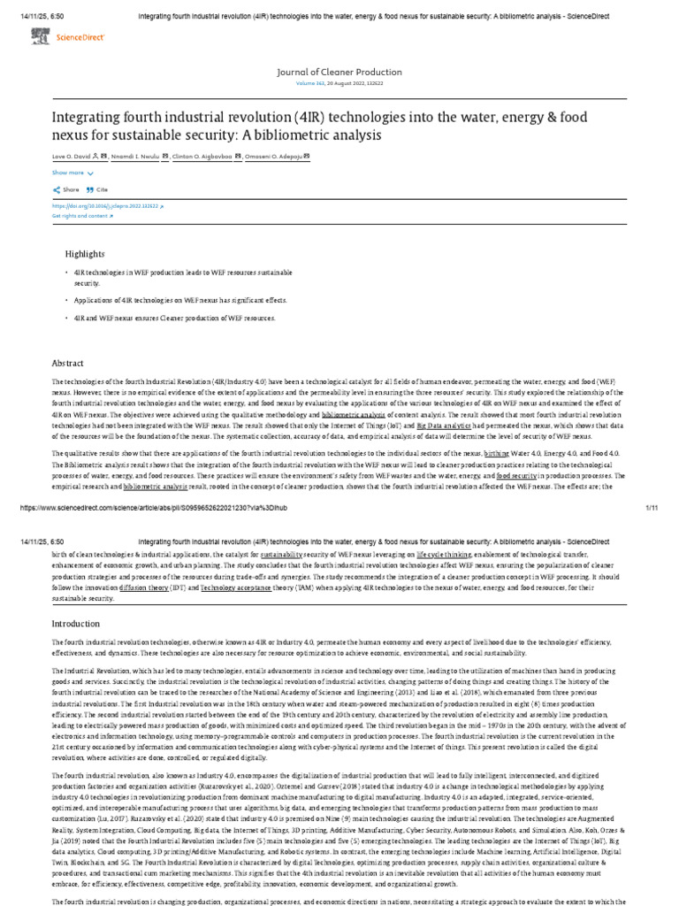 4IR Technologies in WEF Nexus Analysis | PDF | Sustainability ...