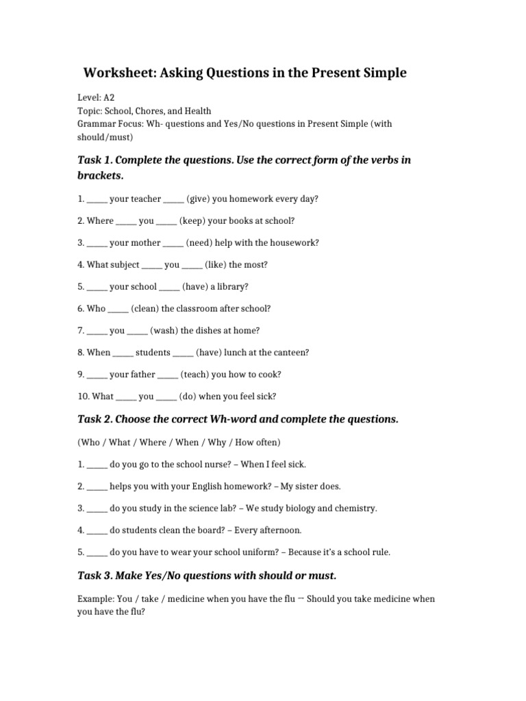 Present Simple Question Worksheet A2 | PDF
