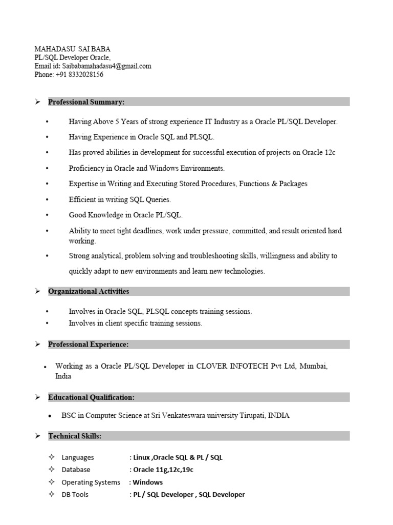 Sai Baba.resume | PDF | Pl/Sql | Databases