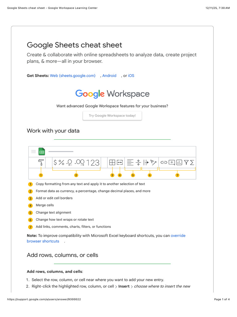 Google Sheets Cheat Sheet - Google Workspace Learning Center | PDF | Spreadsheet | Computing