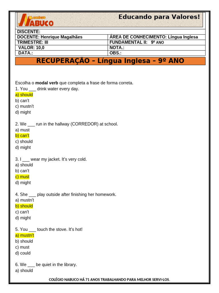 Modal Verbs Quiz for 9th Grade English | PDF