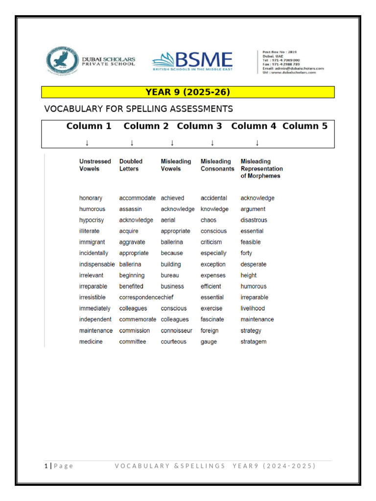 Year 9 Vocabulary & Spelling Guide | PDF