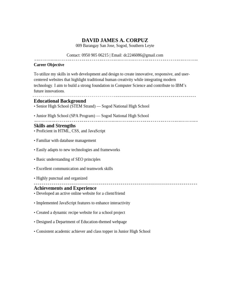 Web Developer Resume of David Corpuz | PDF