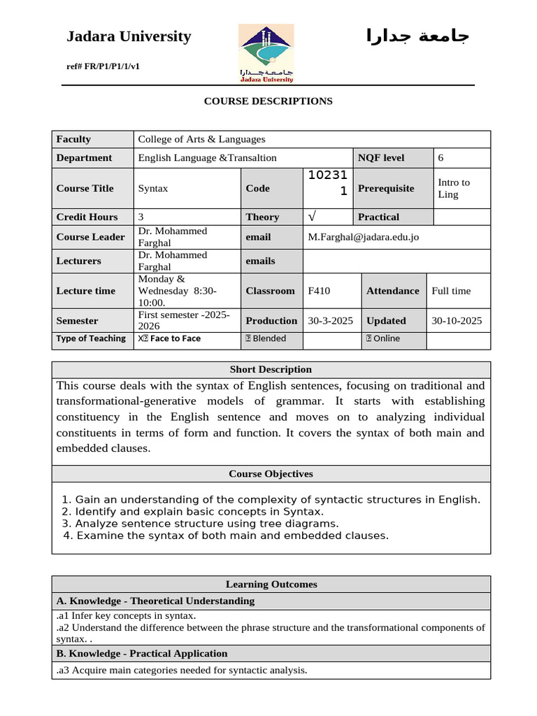 Course Description | PDF | Syntax | Phrase