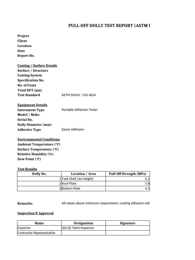 Pull-Off Dolly Test Report Summary | PDF