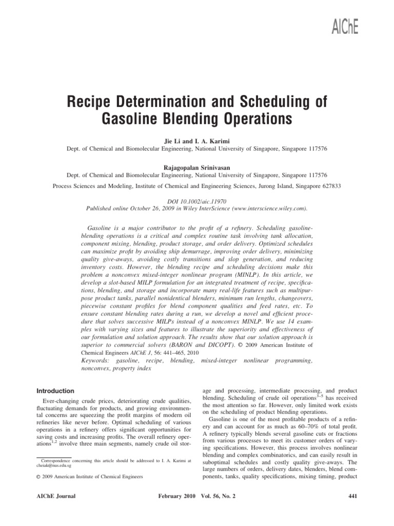 2010 Recipe Determination and Scheduling of Gasoline Blending ...