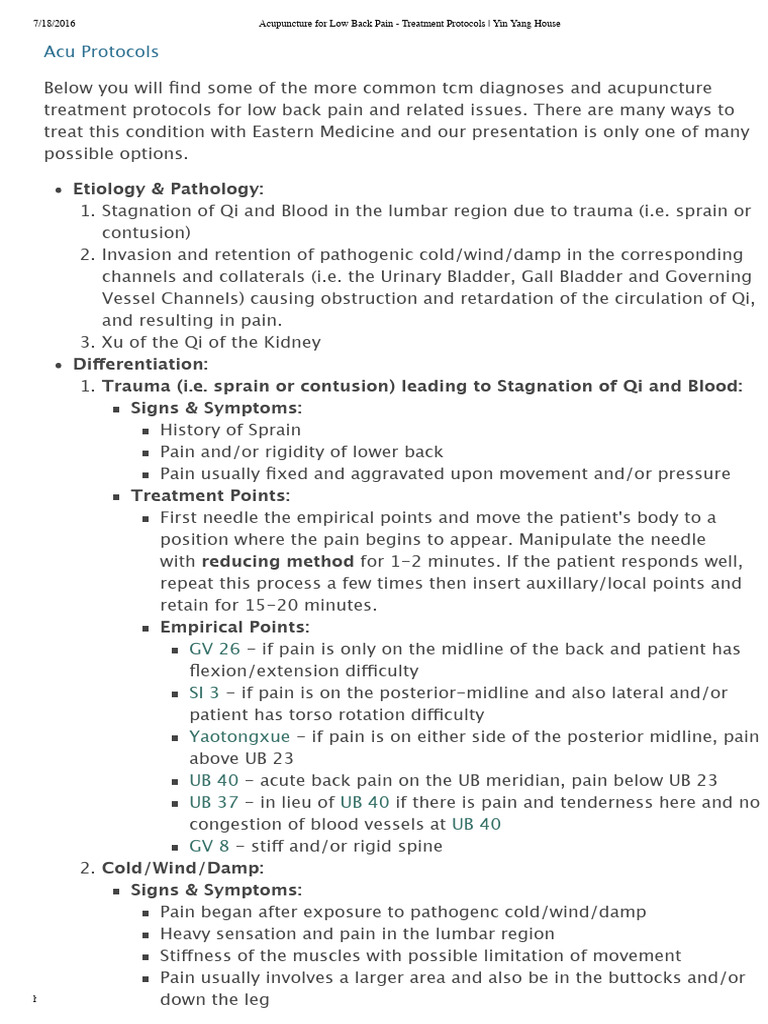 Acupuncture for Low Back Pain - Treatment Protocols _ Yin Yang House ...