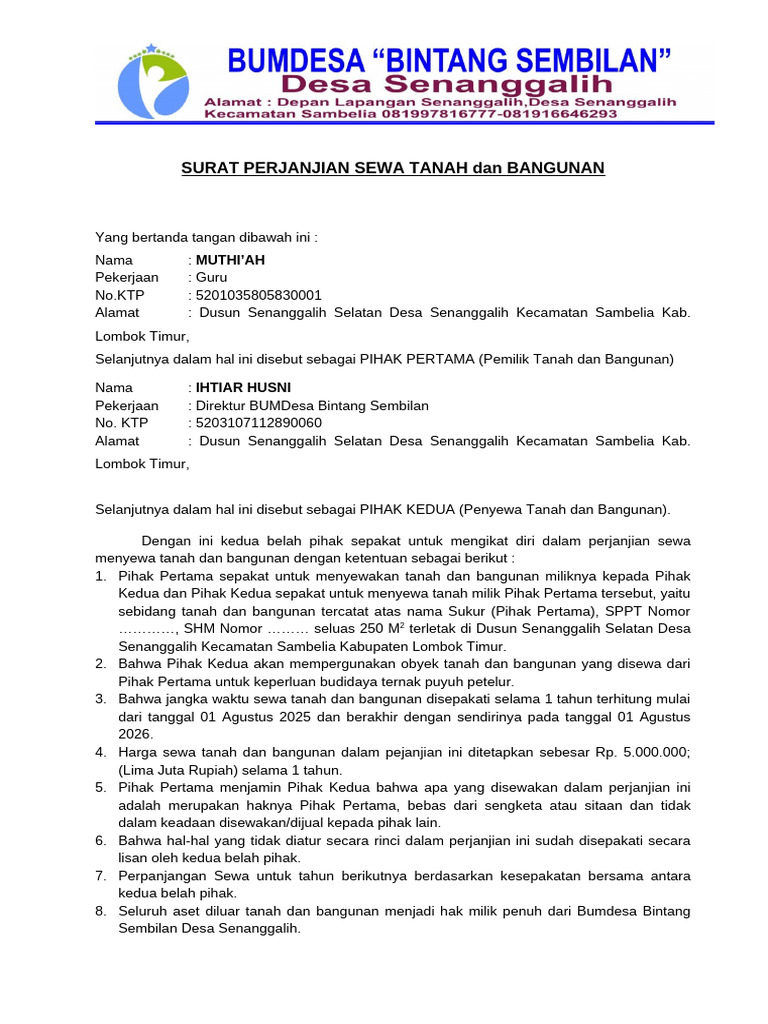 Perjanjian Sewa Tanah dan Bangunan | PDF
