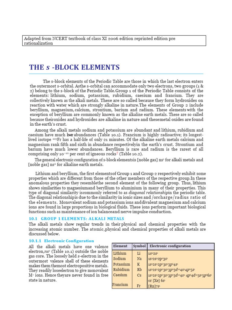 The S - Block Elements Chemistry | PDF | Lithium | Ion