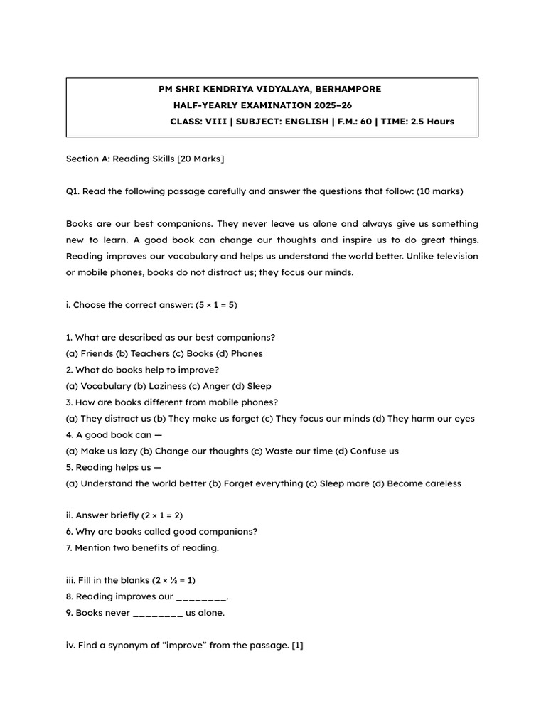 Sample Question Paper of Mid-Term | PDF