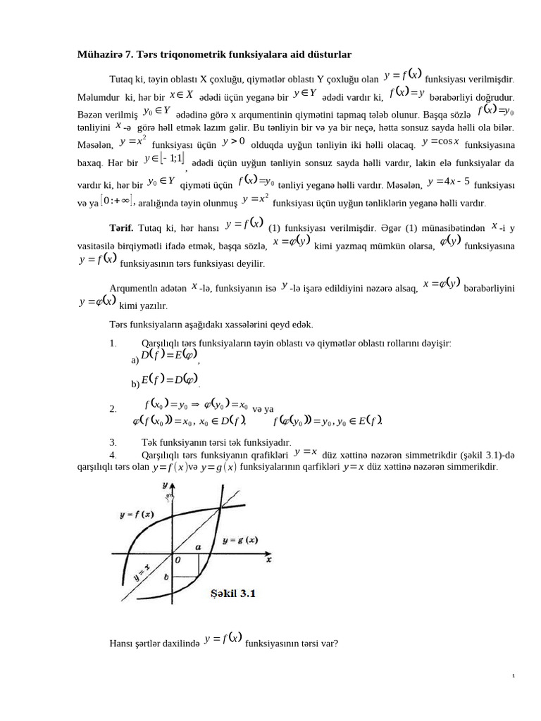 Mühazirə 7. Tərs Triqonometrik Funksiyalara Aid Düsturlar | PDF