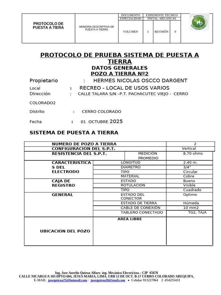 Protocolo de Puesta a Tierra Hermes Oscco | PDF | Cantidades fisicas ...
