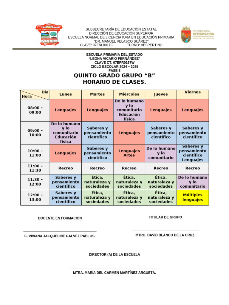 Horario de Clases 5° B | PDF | Etapas educativas