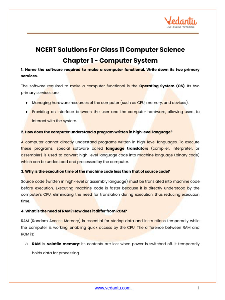 NCERT Class 11 Computer Science Solutions | PDF | Computer Data Storage ...