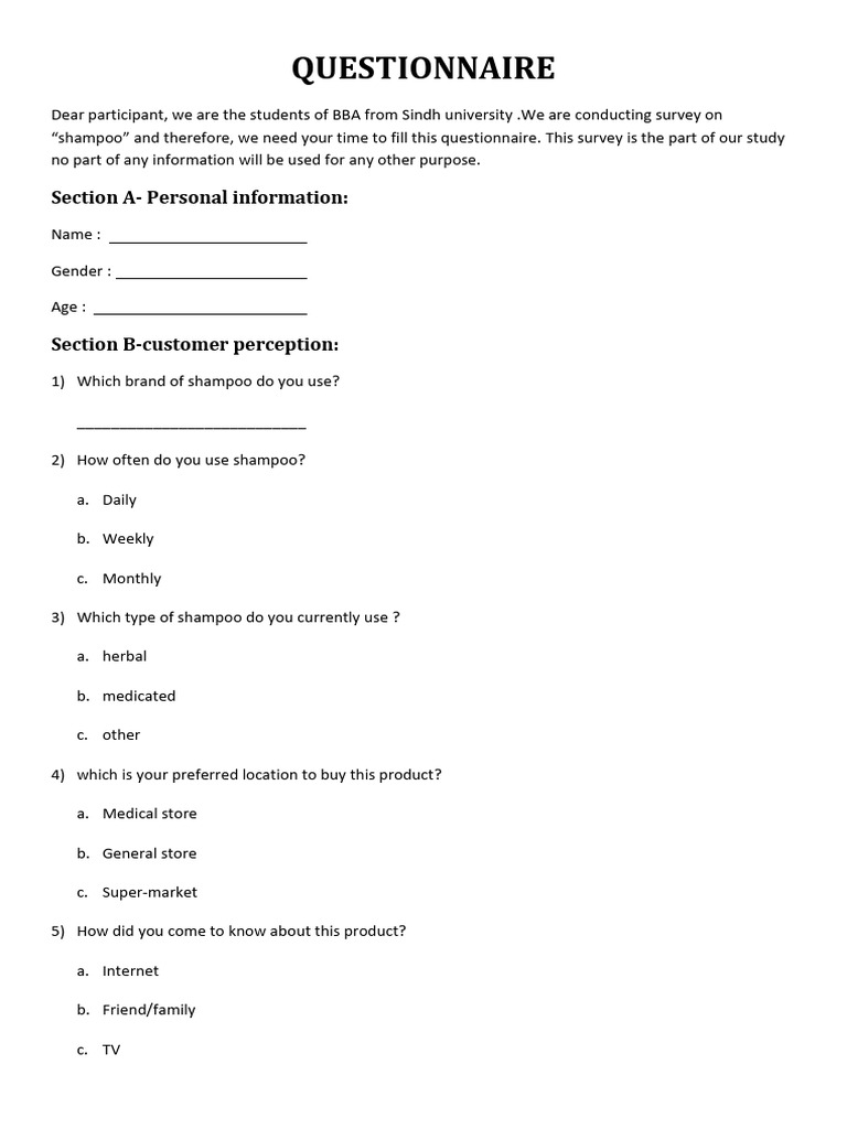 Shampoo Survey Questionnaire | PDF