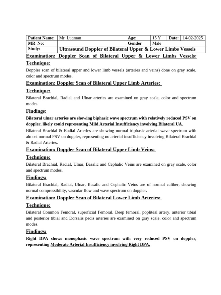 Peripheral Vascular (Bilateral Upper and Lower Limbs) DOPPLER SCAN ...