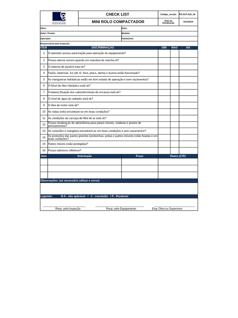 FR-SST-039 - 00 - Check List Mini Rolo Compactador | PDF