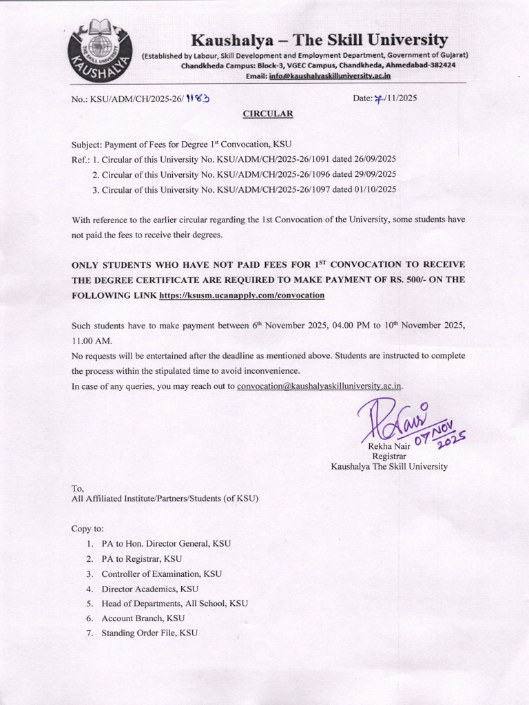 Convocation Circular Fee Payment 07-11-2025 | PDF