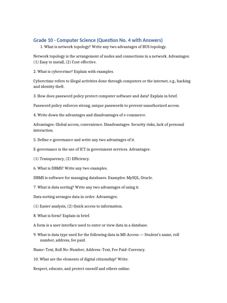 Grade 10 Computer Questions With Answers | PDF | Databases | Microsoft ...