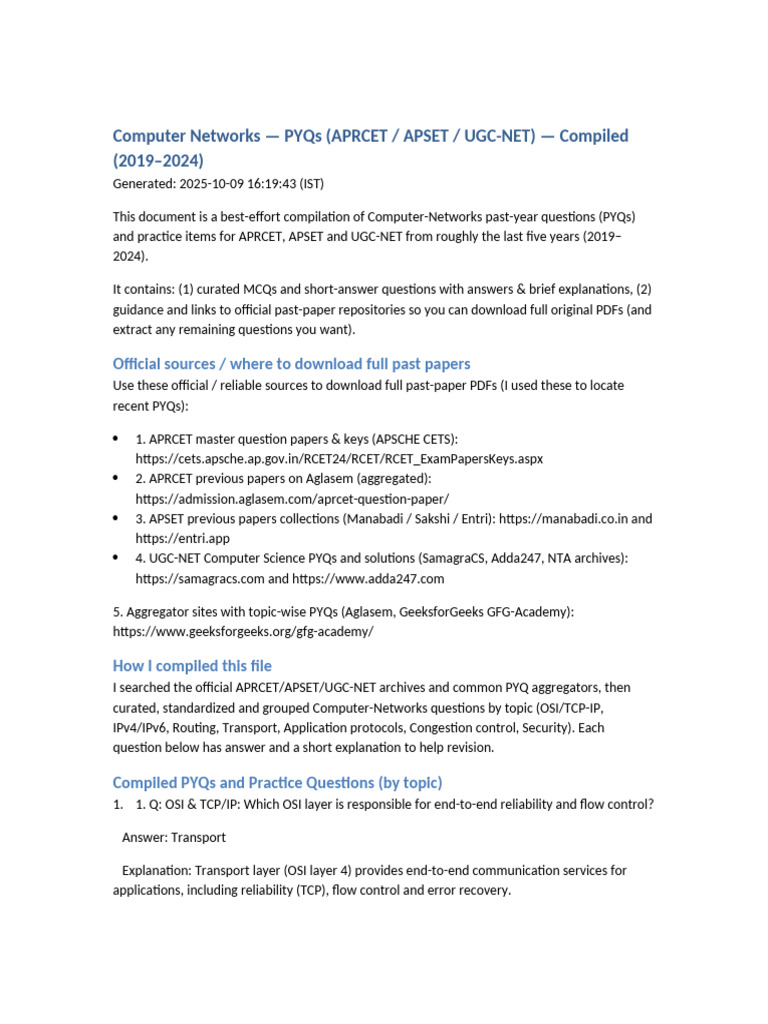 Computer Networks PYQs APRCET APSET UGCNET 2019-2024 | PDF | Transmission Control Protocol | I Pv6