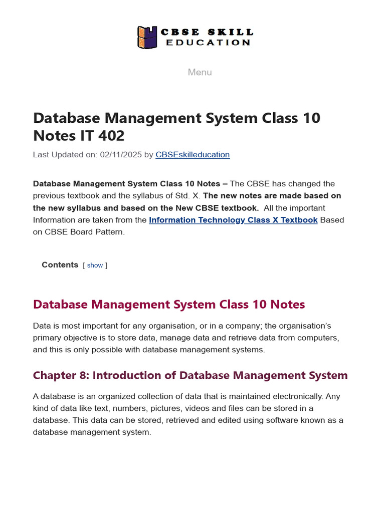 Class 10 Database Management System Notes | PDF | Relational Database ...