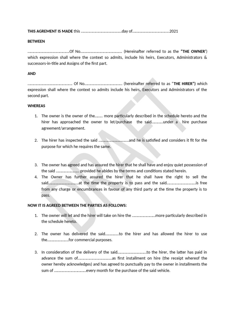 Hire Purchase Agreement Template | PDF | Insurance | Mediation