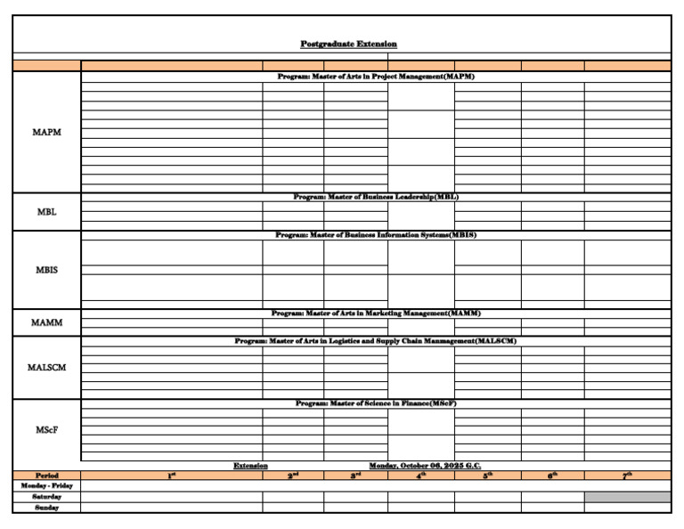 Final 1st Year 1st Semester Class Schedule For Extension PG Students ...