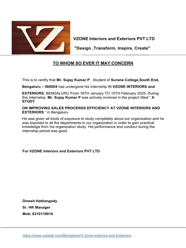 Internship Certificate for Sujay Kumar P | PDF