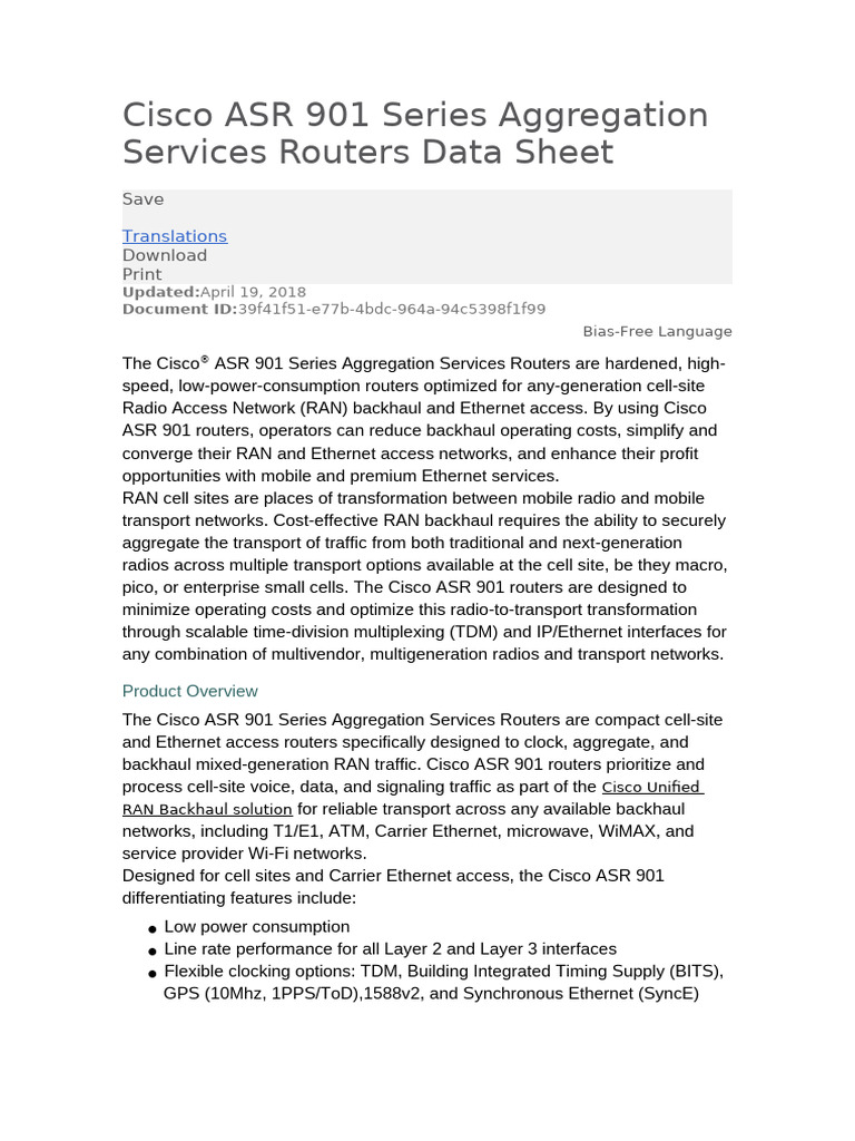 Cisco ASR 901 Series Aggregation Services Routers Data Sheet | PDF | Computer Network | Networking