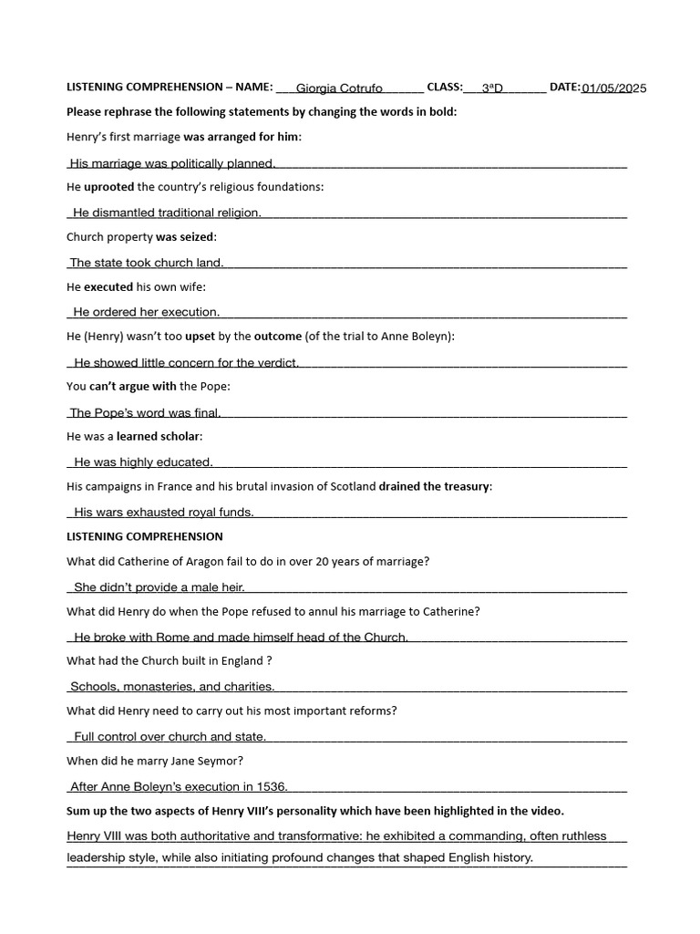 LISTENING COMPREHENSION ON HENRY VIII -3F (1) | PDF | Anne Boleyn