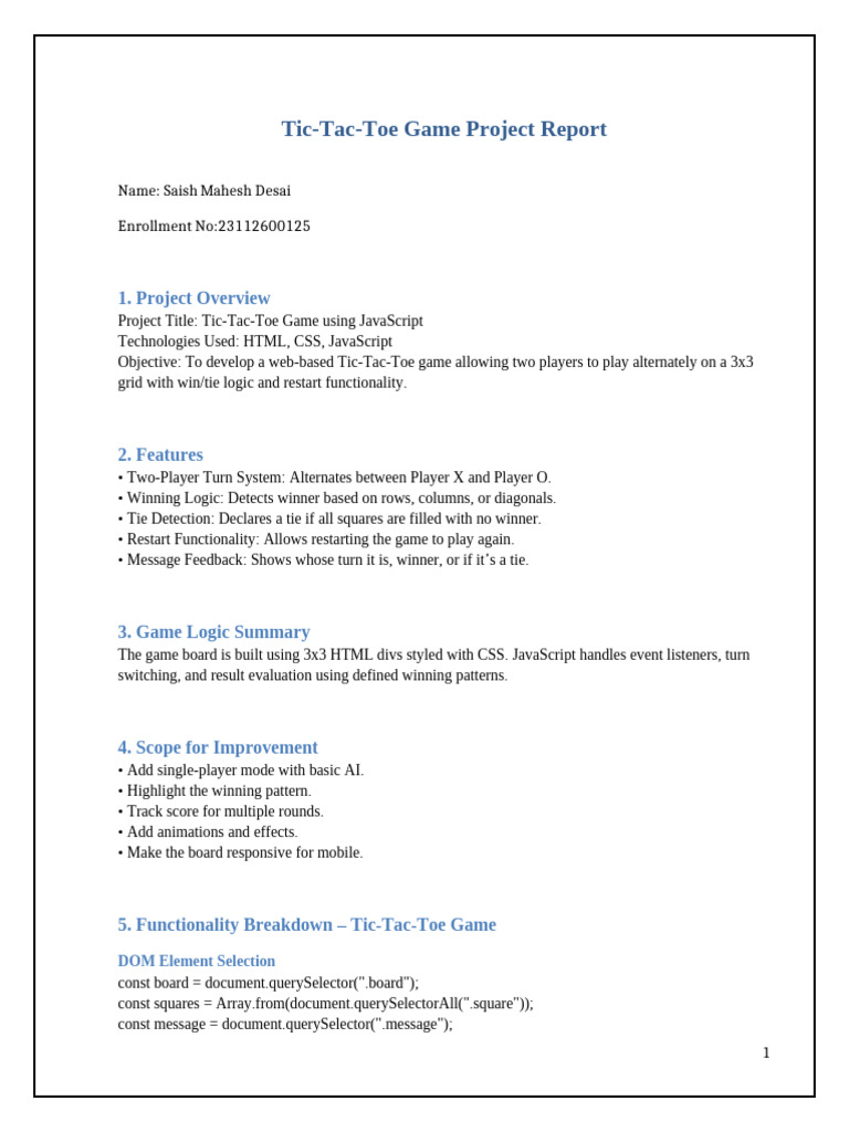 Tic Tac Toe Game Project Report | PDF | Document Object Model | Java Script