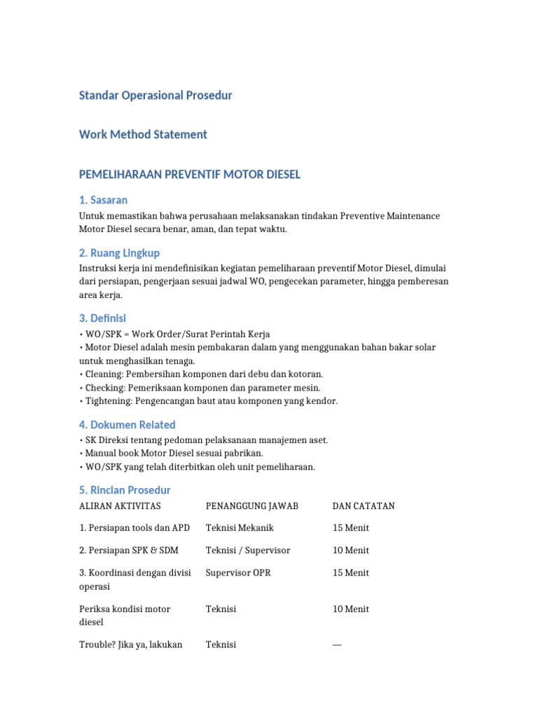 SOP Pemeliharaan Motor Diesel | PDF