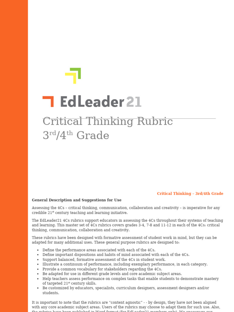 4Cs Critical Thinking Rubric for Grades 3-4 | PDF | Critical Thinking ...