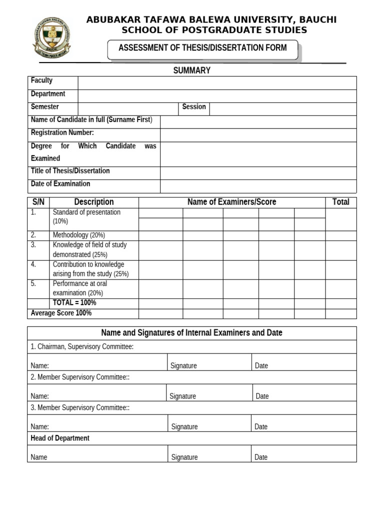 Assessment of Thesis Dissertation Form | PDF