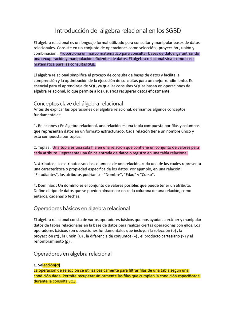 Introducción Del Álgebra Relacional en Los SGBD | PDF | Base de datos relacional | Bases de datos