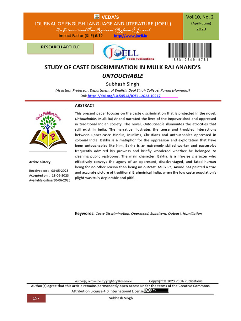 157 161 Study of Caste Discrimination in Mulk Raj Anand Untouchable.doc ...