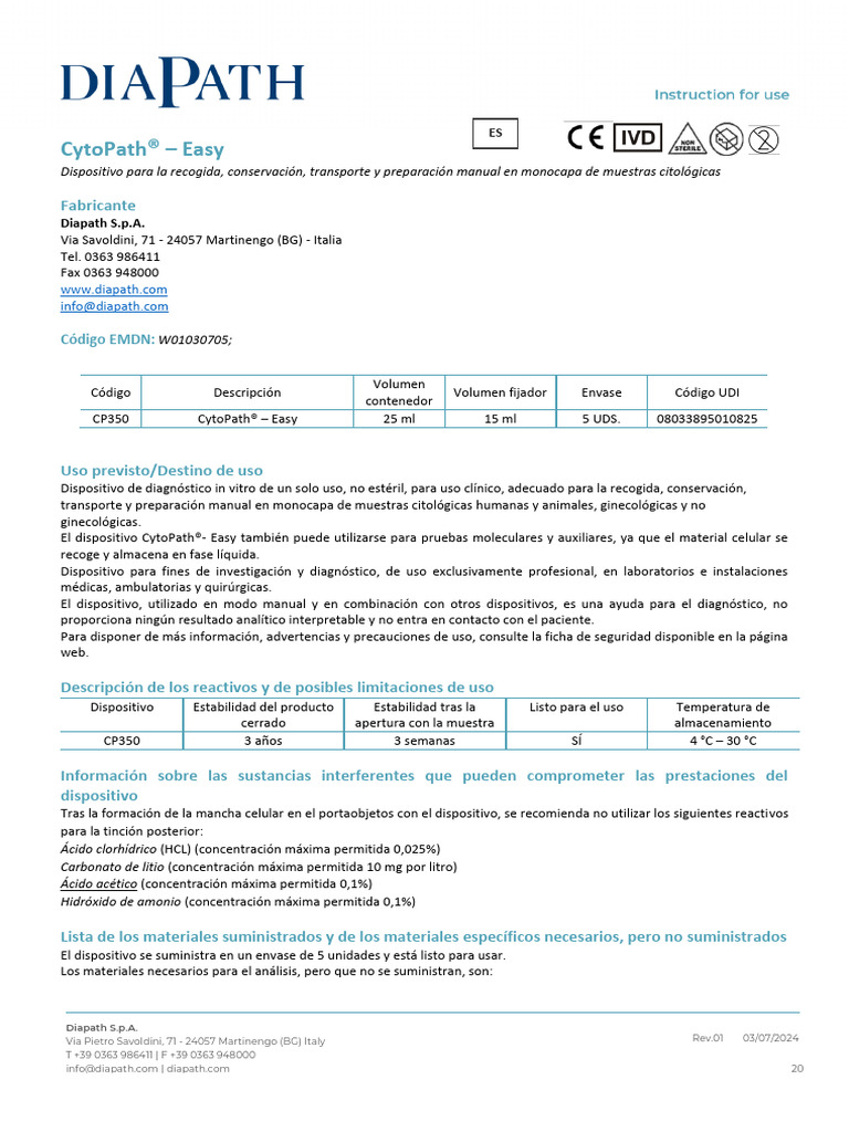 Instrucciones de Uso y Almacenmeinto Cp350 - Cytopath Easy | PDF ...