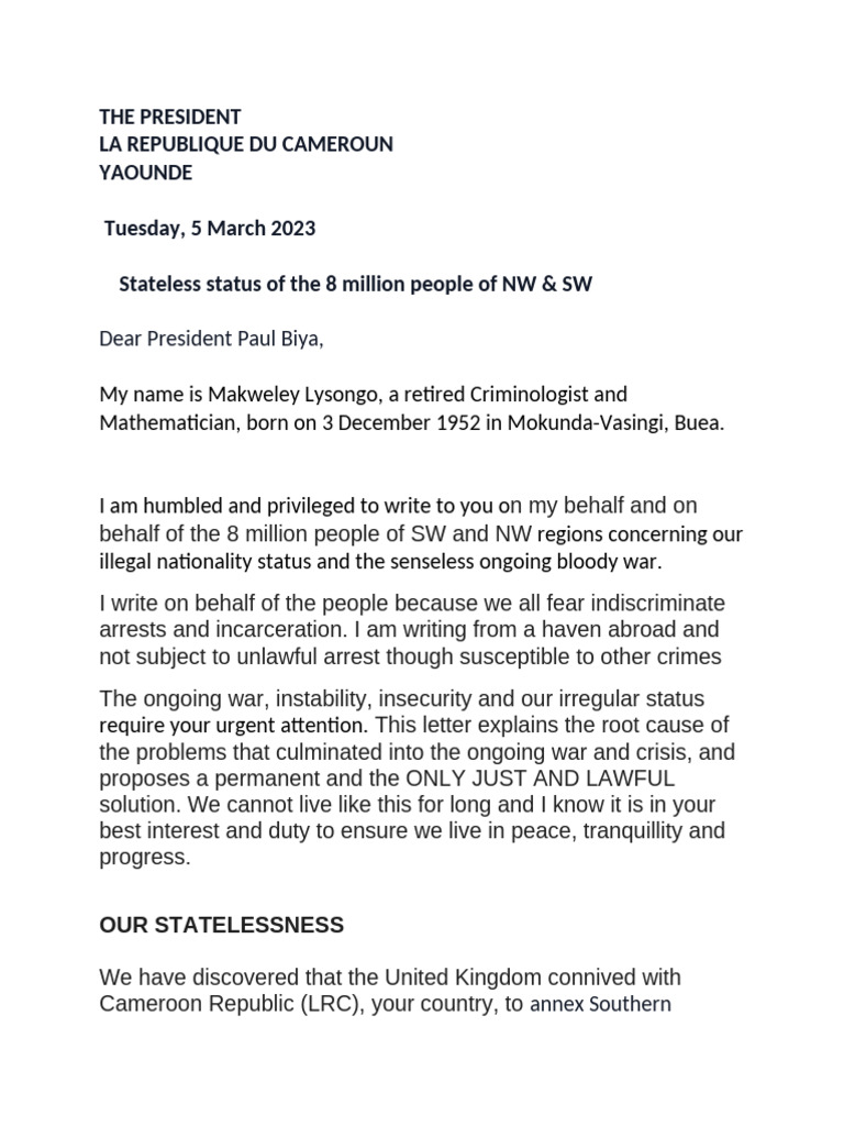 Open Letter To The Cameroon Republic President | PDF | Treaty ...