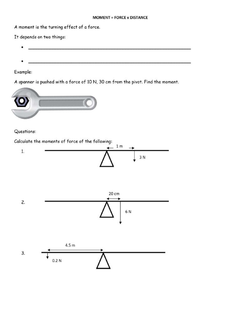 Moments in Physics Worksheet - Force and Distance | PDF