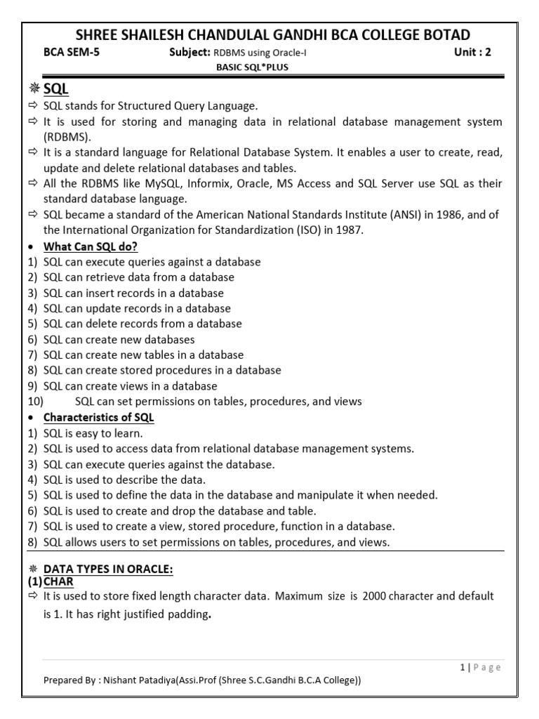 Unit 2 Oracle | PDF | Sql | Relational Database