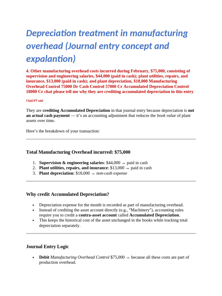 Depreciation Treatment in Manufacturing Overhead (Journal Entry) | PDF ...