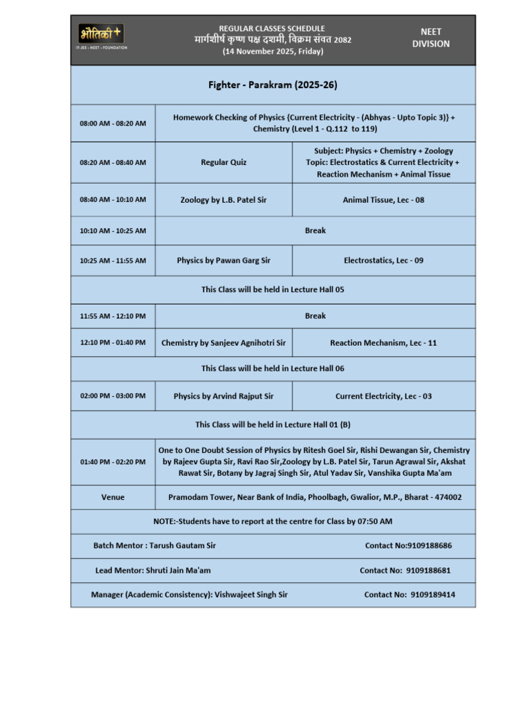 NEET Regular Classes Schedule 2025 | PDF