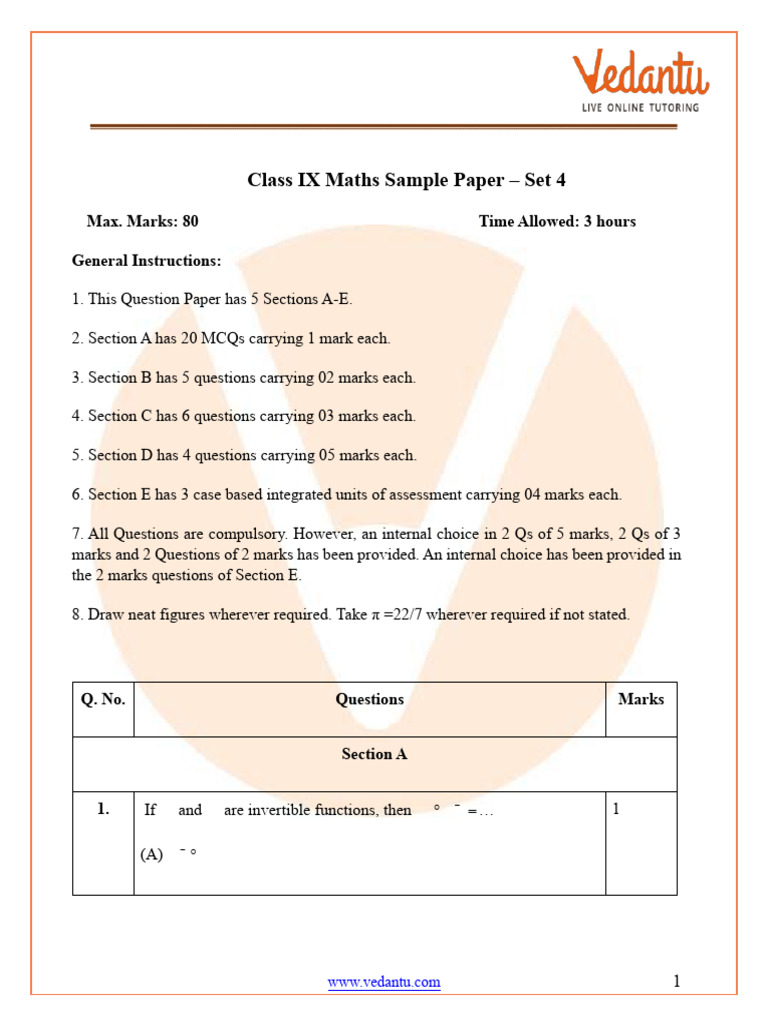 CBSE Class 9 Maths Sample Paper Set 4 (2025-26) - FREE PDF With Solutions | PDF | Integral | Area