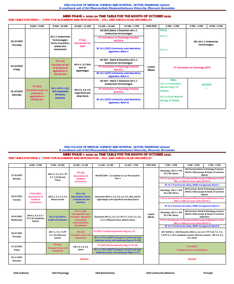 Mbbs Time Table - October 2025 | PDF | Red Blood Cell | Cell (Biology)