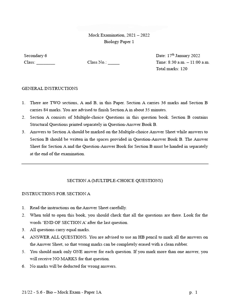 S6 Bio Mock Exam_Paper 1_Section A | PDF | Cellular Respiration | Food Web