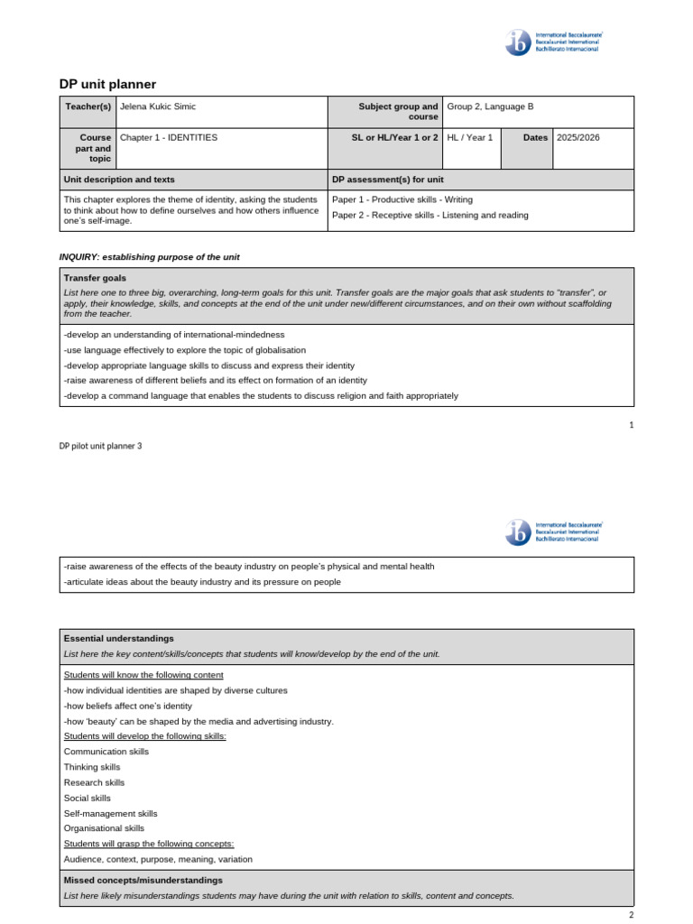 DP Unit Planner: Identities in Language B | PDF | Identity (Social ...
