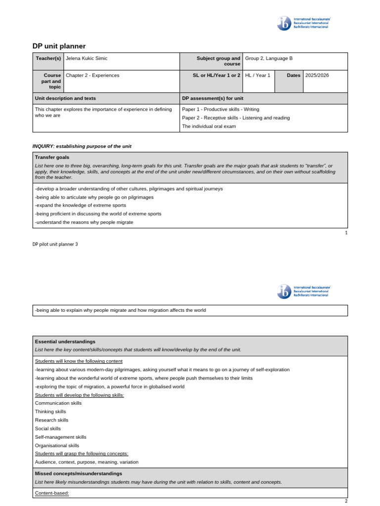 DP Unit Planner ENGLISH B (Chapter2) - YEAR 1 | PDF | Knowledge ...